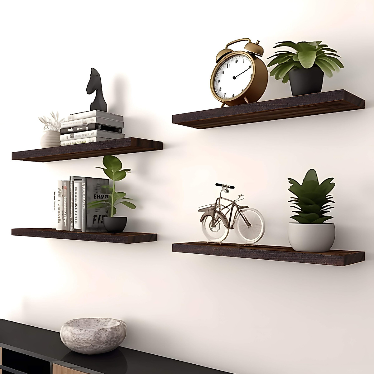 PHPH Wood Floating Shelves for Wall, Wooden Wall Shelves for Bedroom, Set of 6 Brown 17 Inch
