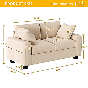 DWVO 60" Sofa, Comfy Upholstered Sofa Couch with Extra Deep Seats, Modern Loveseat for Living Room Apartment Office, Fabric 2 Seater Couch with Side Pockets, Easy Assembly, Beige Chenille