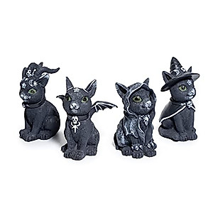 Cats Garden Gnome Witch Adorable Decorations - Set of 4 - Statues, Fairy Garden, Cat Lover Gift Idea, Waterproof Figurines Indoor & Outdoor Lawn Ornament Funny Decoration - Cute Gothic Decor