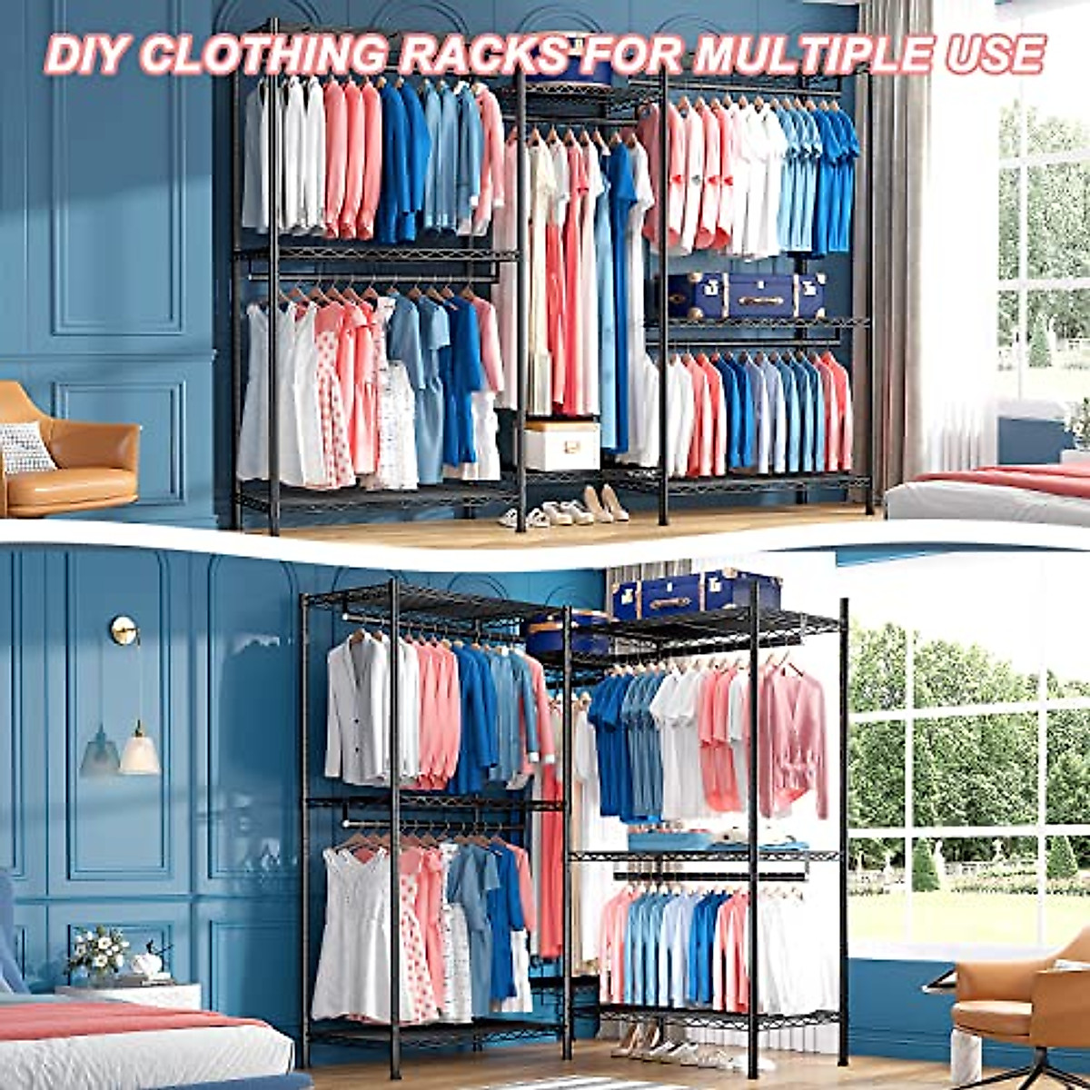 Raybee Clothes Rack, Heavy Duty Clothing Racks for Hanging Clothes 830 LBS Metal Clothes Racks for Hanging Clothes Wire Garment Rack Free Standing Closet Portable & Sturdy 74.8”Wx17.7”Dx76.8”H Black