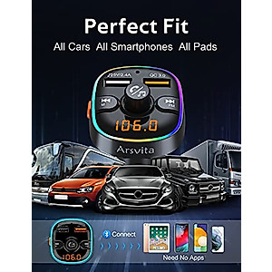 Arsvita Bluetooth FM Transmitter for Car, Radio Receiver / Audio Adapter with Dual Car Charger, Support QC3.0 Quick Charging, Hands-Free Calling and Hi-Fi Sound Playback, Black