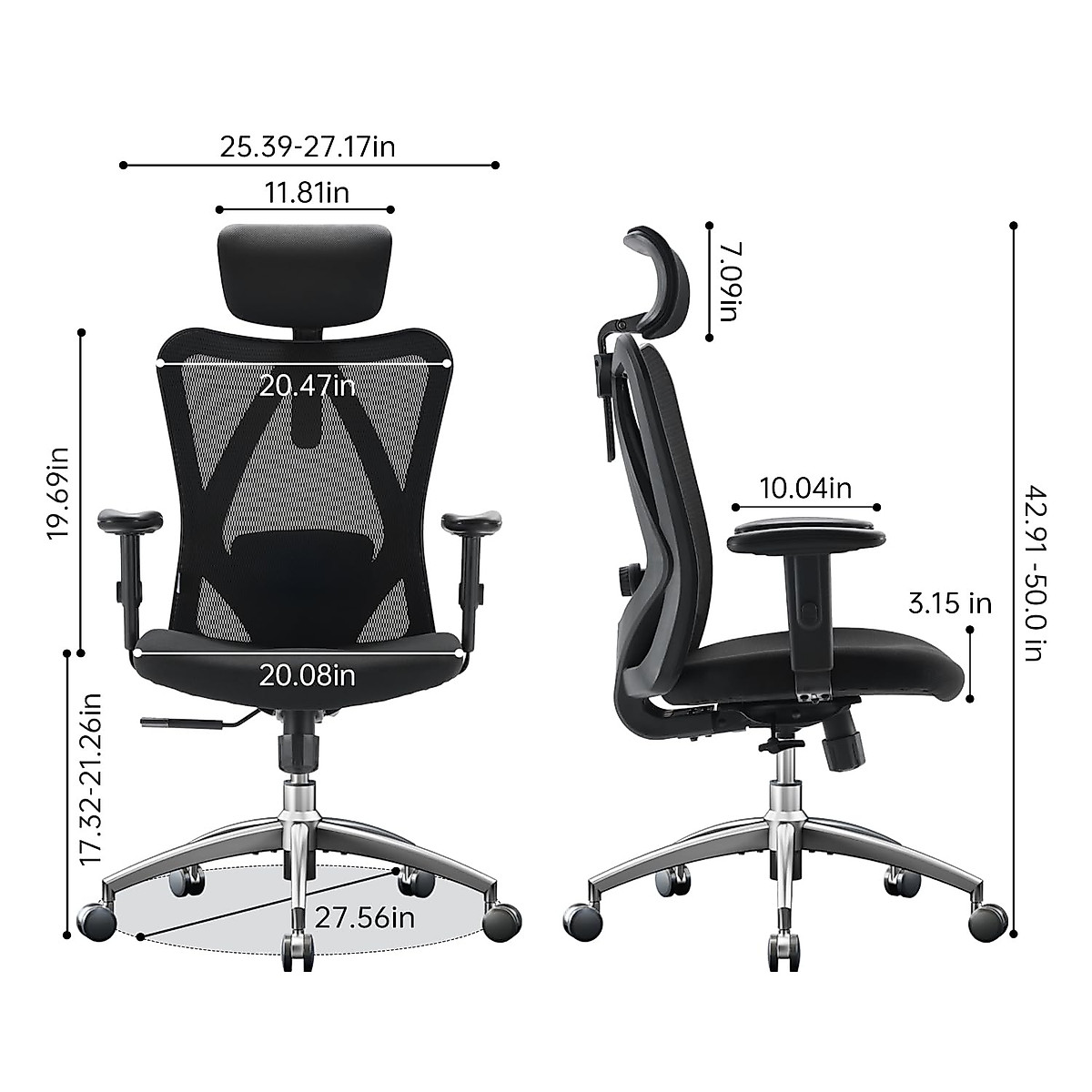 SIHOO Ergonomic Office Chair, Big and Tall Office Chair, Adjustable Headrest with 2D Armrest, Lumbar Support and PU Wheels, Swivel Computer Task Chair for Office, Tilt Function Computer Chair
