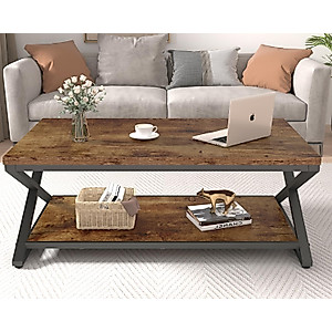 HSH Wood Coffee Table with Storage, Farmhouse Rustic Brown Coffee Table for Living Room, Modern Minimalist 2 Tier Center Table, Simple Rectangle Cocktail Tea Table in Home Office Bedroom, 39 Inch