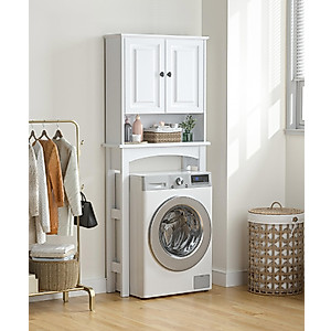 HAIOOU Over The Toilet Storage Cabinet with Motion Sensor LED Light, Double Door Bathroom Essentials Storage Organizer Space-Saving Toilet Rack with Buffering Hinges, Adjustable Shelf - Modern White