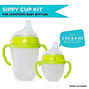 Soft Spout Transition Sippy Cup Kit for Comotomo Baby Bottles | Conversion Kit Fits 5 Ounce and 8 Ounce Bottles | Sippy Cup Baby Bottle Nipple with Weighted Straw and Bottle Handles (2 Pack, Green)