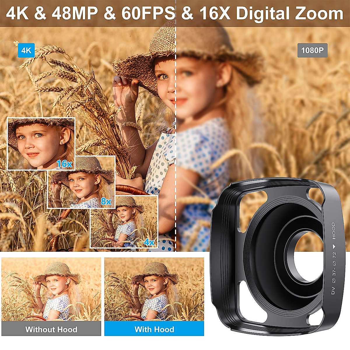 VAFOTON 4K Video Camera Camcorder with Microphone, 48MP Vlogging Camera for YouTube 16X Zoom 3.0" Touch Screen IR Night Vision Wi-Fi Vlog Cameras Webcam with Handheld Stabilizer Remote Control