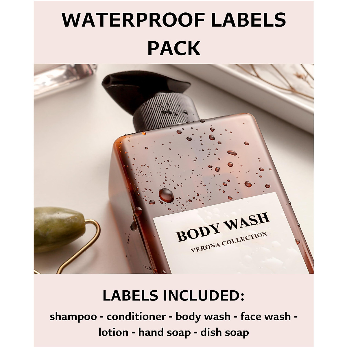 La Via Casa Shampoo and Conditioner Dispenser | 3 Plastic Amber 3 Wall Mount Black | Shampoo Dispenser with Waterproof Labels | No Drill | Shower Bottles Refillable with Pump