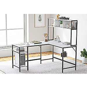 Cubiker L-Shaped Desk with Hutch, 60" Corner Computer Desk, Home Office Gaming Table with Storage Shelves, Space-Saving, White