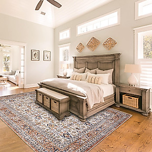 Area Rugs for Living Room Bedroom: 9x12 Rug Machine Washable with Non-Slip Backing Non-Shedding Stain Resistant, Boho Floral Large Carpet for Dining Room Nursery Home Office Indoor (Blue/Brown)