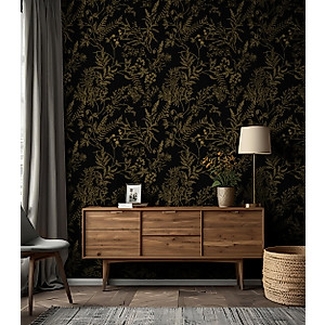 EeeComing Peel and Stick Wallpaper Black and Gold Floral Wallpaper Gold Floral Contact Paper Removable Self Adhesive Wallpaper for Wall Cabinets Vinyl Roll 78.7"x17.3"
