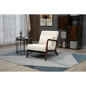 Prohon Mid Century Accent Solid Wood Frame & Waist Cushion, Comfy Upholstered Living Room Chairs, Lounge Reading Armchair for Bedroom Sunroom, Easy Assembly, White