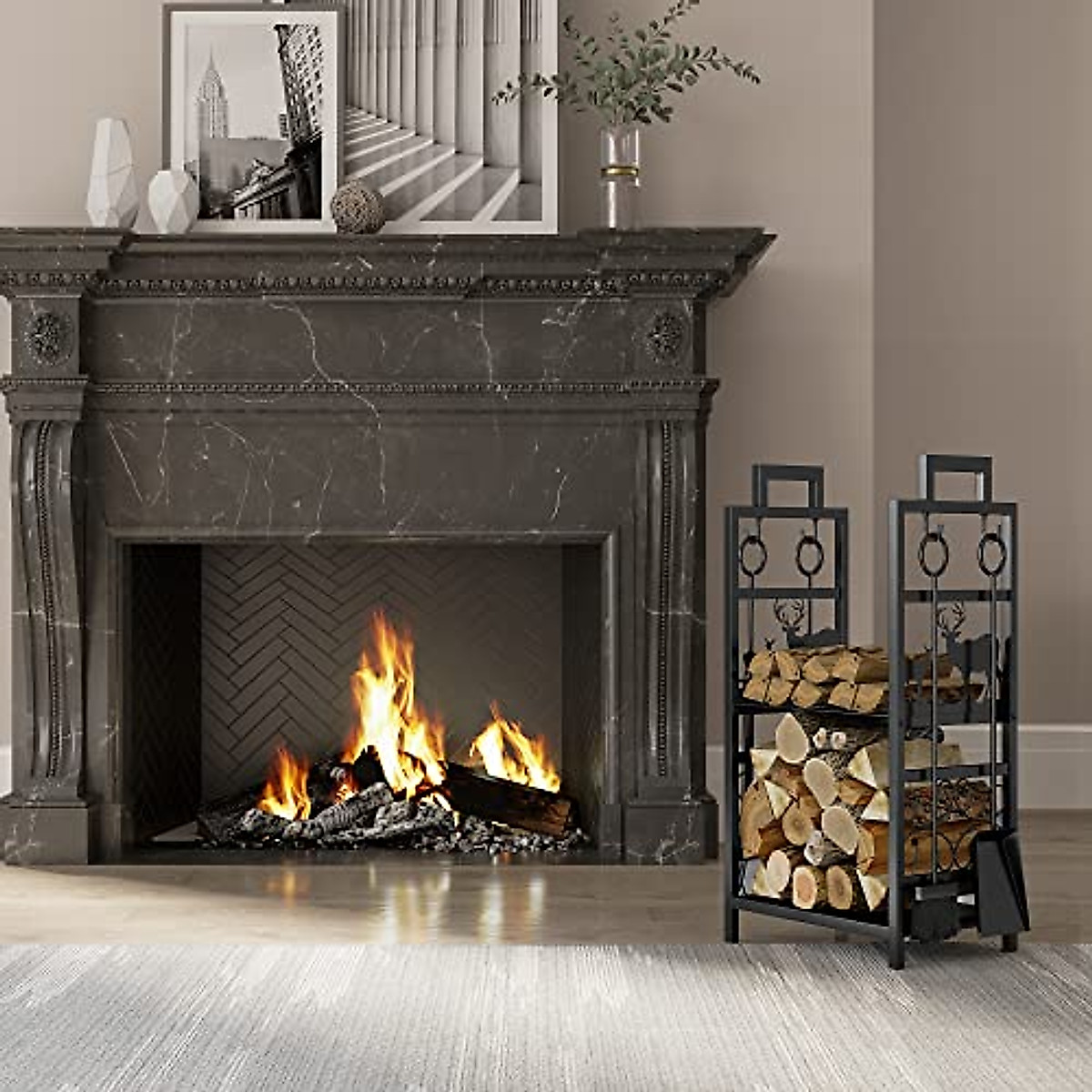 YITAHOME 2.6x1.3ft Firewood Rack Tools Set Wood Log Holder for Fire Place Outdoor Indoor Accessories - 2 Layer Iron with Brush, Shovel, Tong, Hook, Lumber Kit Storage Stacking, Black