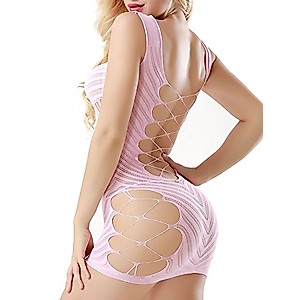 FasiCat Sexy Lingerie for Women Fishnet Halter Chemise Deep V Hot Mesh Mini Dress Bodysuit Pink