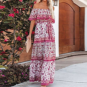 Beach Wedding Guest Dresses for Women Bohemian Maxi Long Dresses Trendy 2023 Elegant Off Shoulder Dress Summer Floral Print Flowy Ruffle Sundress Girls