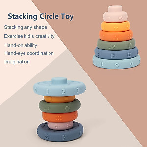 TuiVeSafu 6PCS Baby Stacking Nesting Rings Toy,Soft Building Circle Squeeze Teether,Toddlers Sensory Early Educational Toy with Number,Shape,Fruits,Letters Learning Toy for 6+ Months Boys or Girls