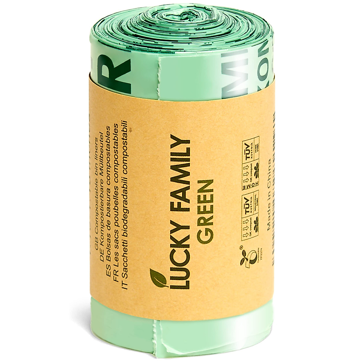 Lucky Family Green Compost Bags for Kitchen Countertop Bin -1.3 gallon trash bags to 1.6 Gallon trash bags - 100% Compostable Trash Bags for Food Waste, Organic Biodegradable Bags