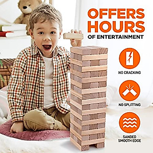 Serene Life 56 PCS Giant Tumble Tower Game - Non-Toxic Pine Wooden Stacking Timber Blocks Set with Zippered Carrying Bag, Book Scoreboard - Classic Jumbo Wood Block Outdoor Game for Kids and Adults