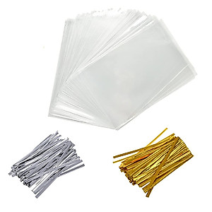 Miraclekoo 400 PCS 4X6 Inch Cellophane Treat Bags Christmas Gift Bag Clear Cello Treat Bags with 400 Twist Ties for Wedding Cookie Gift Candy Bakery Supply,1.4mil