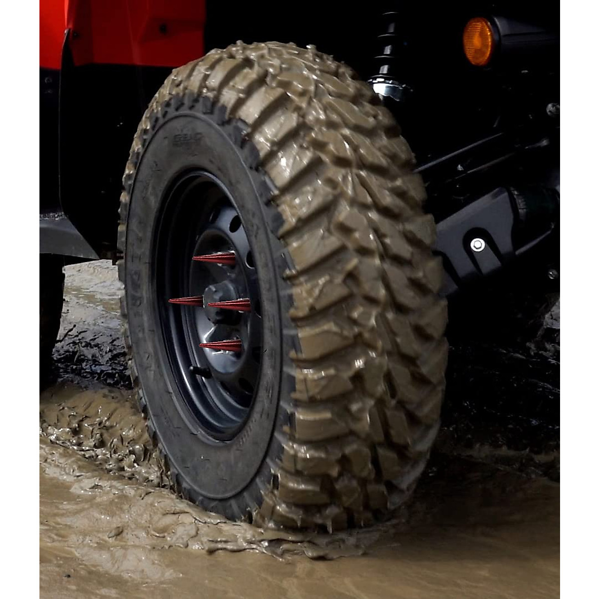 Wheel Accessories Parts Set of 16 ATV/UTV Red Spike Installation Lug Nut Kit | Solid Metal Lug Nuts 12 X 1.5 Thread 3.35" Tall Closed End Bulge Acorn Spiked Lug Nut 1 Long Socket Key (M12x1.50)