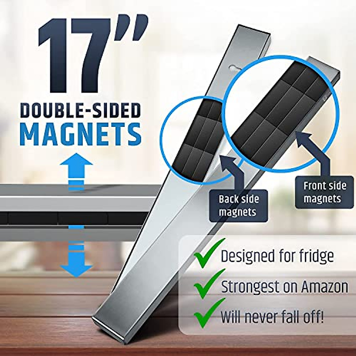 Premium Magnetic Knife Holder for Refrigerator that Doesn't Slide – 17 Inch Professional Double Sided Knife Strip for Fridge - Knife Rack/Knife Bar With Powerful Magnetic Pull Force (Upgraded Version)