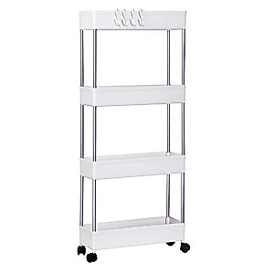 YooFZler 4 Tier Slim Storage Cart Mobile Tower Rack Rolling Shelving Unit Storage with Casters Wheels&4 Side Hoops for Kitchen Bathroom Laundry Room, White