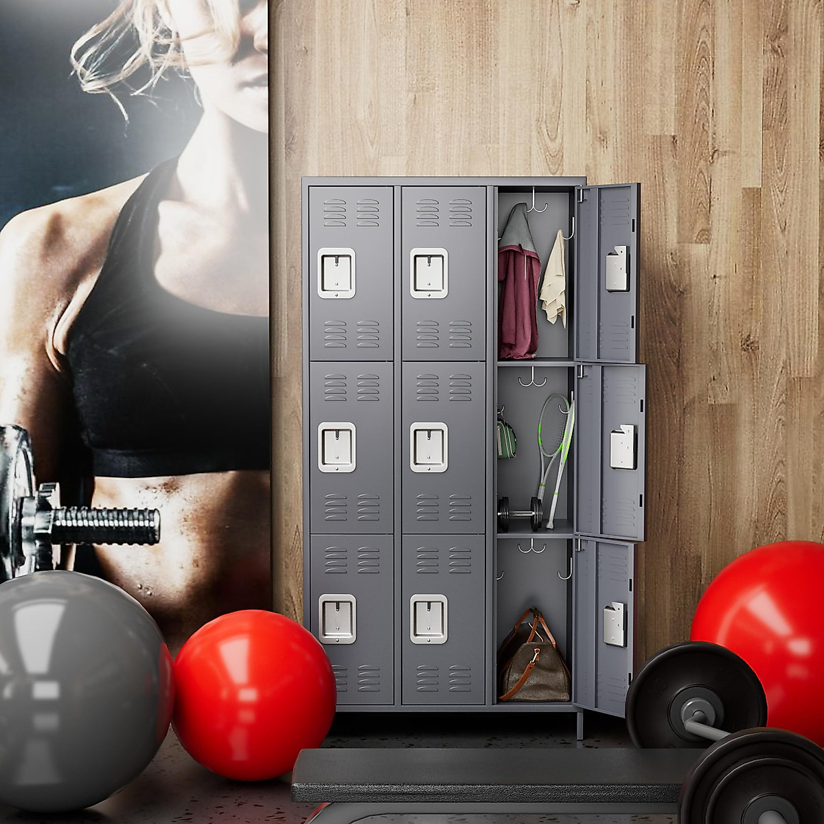 SUPEER 9 Doors Metal Storage Locker with 27 Hooks,Metal Lockers for Employees with Lock for School Office Gym Bedroom,Assembly Required,Dark Grey