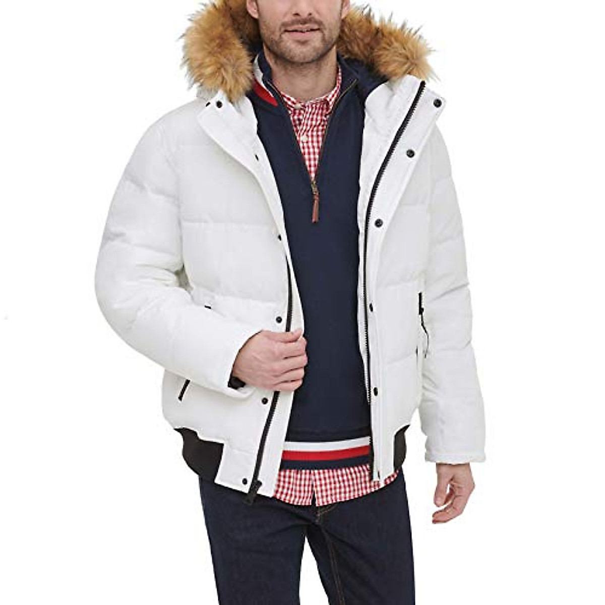 Tommy Hilfiger Men's Arctic Cloth Quilted Snorkel Bomber Jacket, White, Large