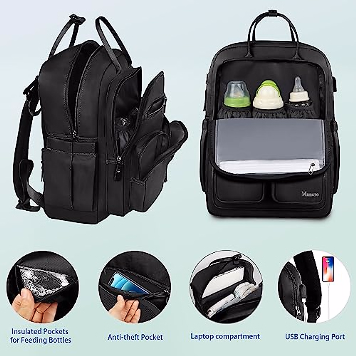 Mancro Diaper Bag Backpack for Men, Dad Diaper Bag for baby with multi-compartment, Waterproof Baby Travel Bag for working dads with Insulated Pockets, USB Charging Port, Stroller Straps, Black
