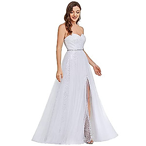 Ever-Pretty Women's Sexy Strapless Lace up Back Tulle High Slit Wedding Dresses for Bride White US6