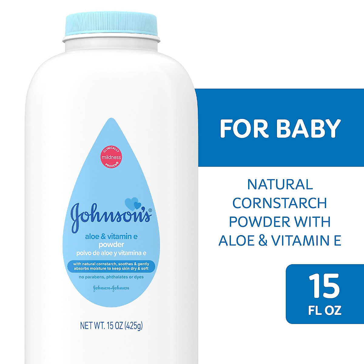 Johnson's Baby Powder, Naturally Derived Cornstarch with Aloe & Vitamin E for Delicate Skin, Hypoallergenic and Free of Parabens, Phthalates, and Dyes for Gentle Baby Skin Care, 15 oz