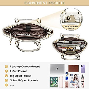 LOVEVOOK Laptop Bag for Women, Work Tote Bag Quilted Leather Computer Shoulder Bag, 15.6 inch Laptop Tote Purse Set, Waterproof Business Briefcase Handbag 2 PCS for Office,Teacher Beige