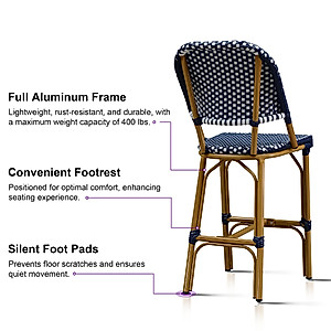 PURPLE LEAF French Country Outdoor Counter Height Bar Stools Set of 2 Patio Wicker 26 Inch High Bar Stool Chairs Metal Rattan Barstools with Ergonomic Backs for Garden Indoor Kitchen Island, Navy Blue
