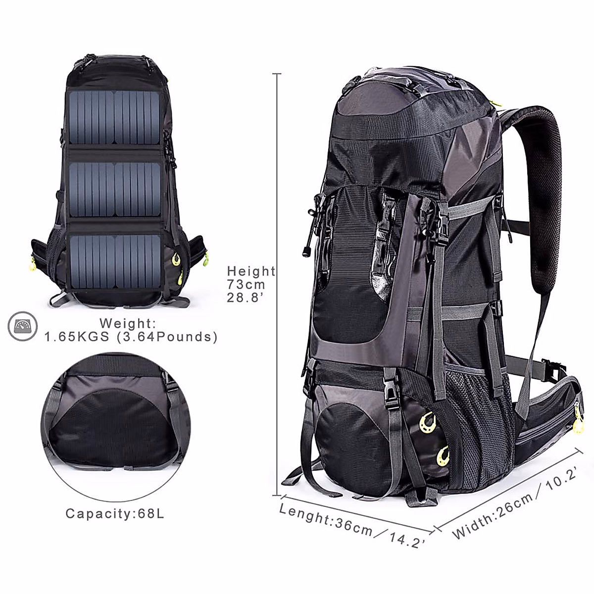 ECEEN External Frame Hiking Backpack 68L with 20 Watts Solar Charger Panel Survival Backpack