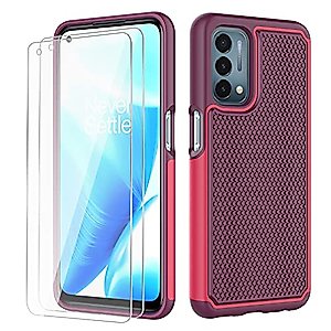NTZW for OnePlus Nord N200 5G Case: Heavy Duty Shockproof Protective Phone Case [2 Tempered Glass Screen Protector] Anti-slip Textured Hard Cover + Soft Silicone Bumper, Military Armor Case - Burgundy