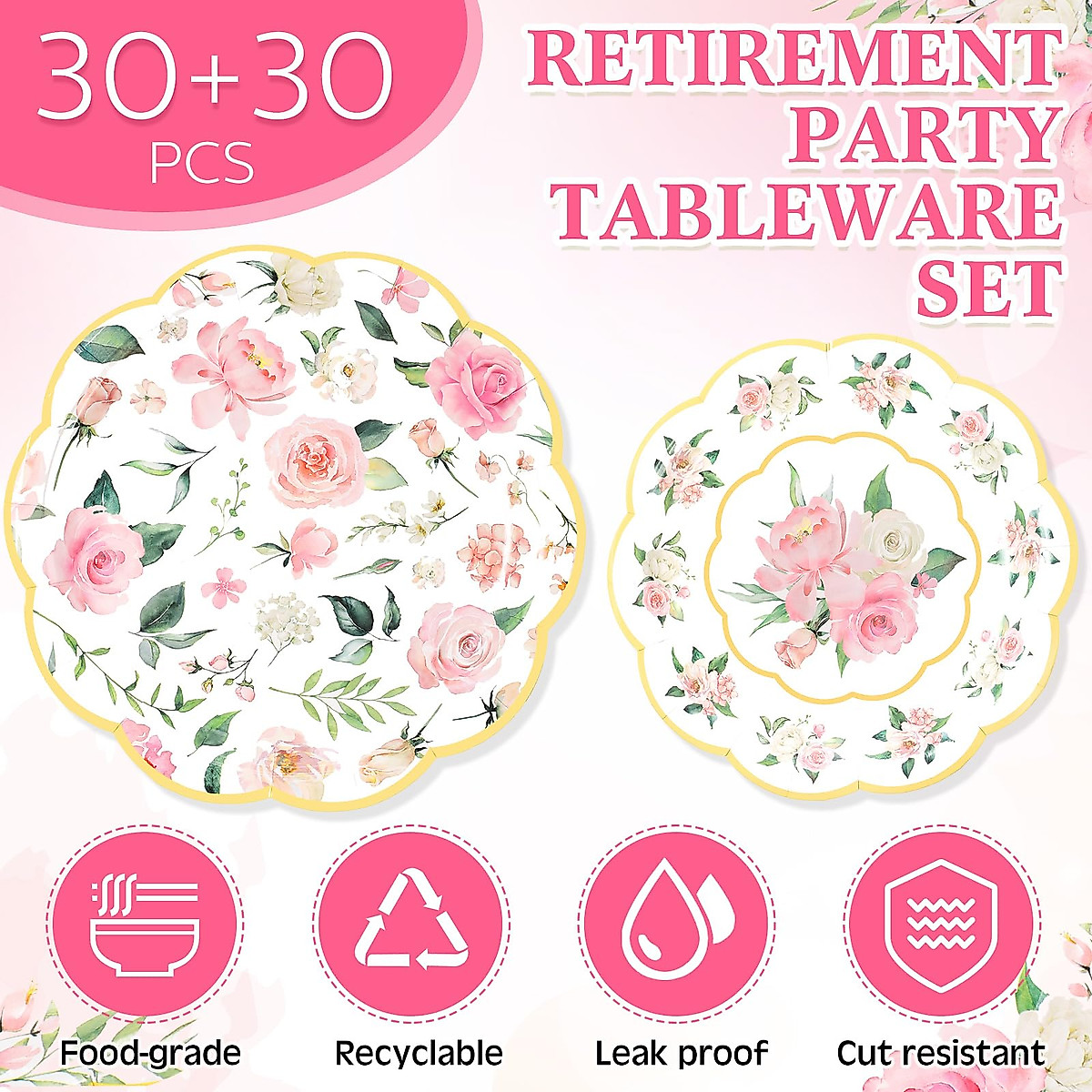 Pickmesh 60 Pack Floral Paper Plates 9 in and 7 in Flower Party Plates Pink Disposable Dessert Plates Wedding Plates Gold Foil Edge Tea Party Plates for Birthday Baby Shower Bridal Party Decor