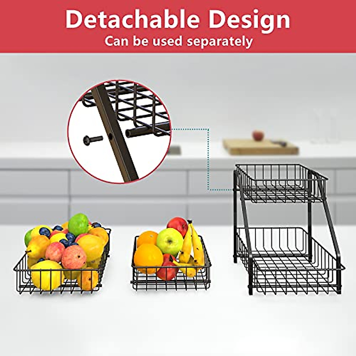 MaraFansie 2-Tier Fruit Basket Countertop Fruit Bowl Bread Basket Vegetable Holder Storage Stand, Black
