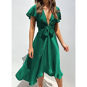 miduo Womens Dresses Satin Summer Loose Wrap Tie Front V Neck Short Sleeve High Waist Skater Swing Cocktail Party Midi Homecoming Dresses Green XXL