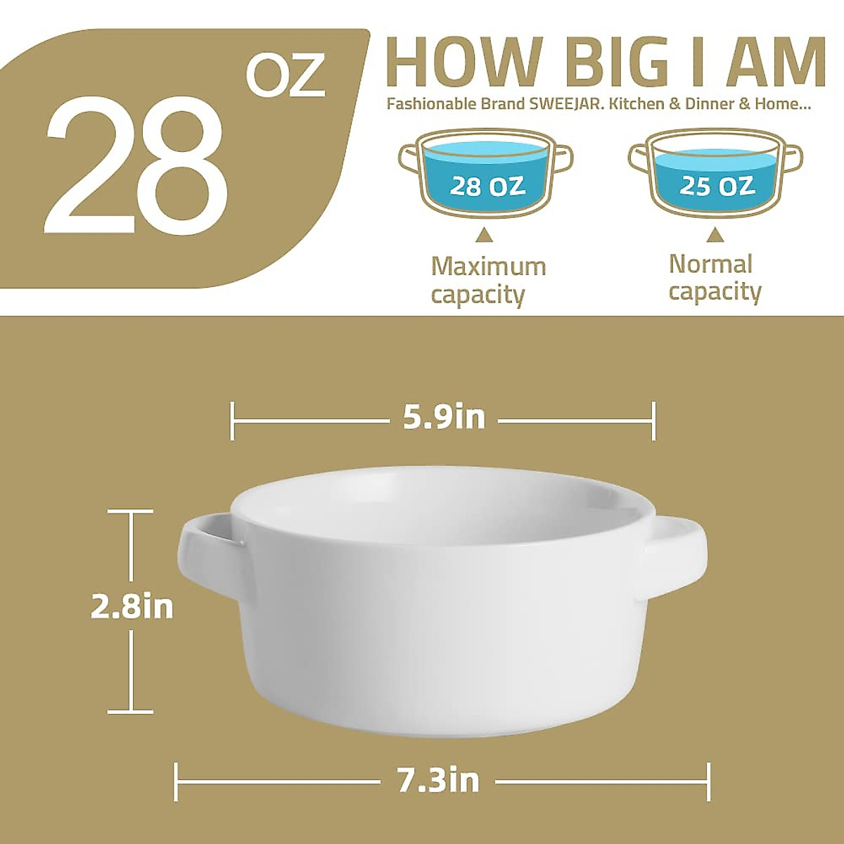 Sweejar Porcelain Soup Bowls with Handles, 28OZ Substantial Crocks for Soup, Oatmeal, Ramen, Functional and Stackable Set of 4, Dishwasher and Microwave Safe (Red)