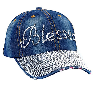 Elonmo Letter Blessed Design Womens Baseball Cap Bling Hat Rhinestone Jean Adjustable Luky Hat Gift for Her Blue