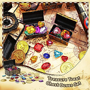 HOPELJ Kids Mini Pirate Treasure Chest Toy Kit - Plastic Small Pirate Chest Box with 12 Skull Gold Coins, 24 Gems, 1 Ring for Boys Girls Halloween Party Favor Pirate Costume Prop