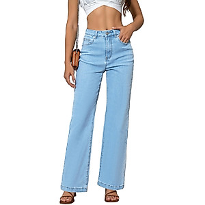 ETTELO Womens Jeans Mid Waisted Straight Leg Loose Stretchy Lightweight Tummy Control Trendy Jeans for Women 2025 (US, Numeric, 8, Regular, Regular, Light Blue)
