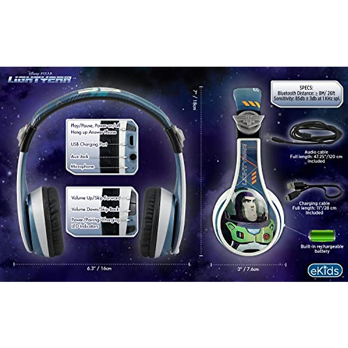 Disney Pixar Lightyear Kids Bluetooth Headphones, Wireless Headphones with Microphone Includes Aux Cord, Volume Reduced Kids Foldable Headphones for School, Home, or Travel