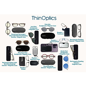 ThinOptics Keychain Case and Readers Rectangular Reading Glasses, Black,Lens Width: 44.45 Millimeters