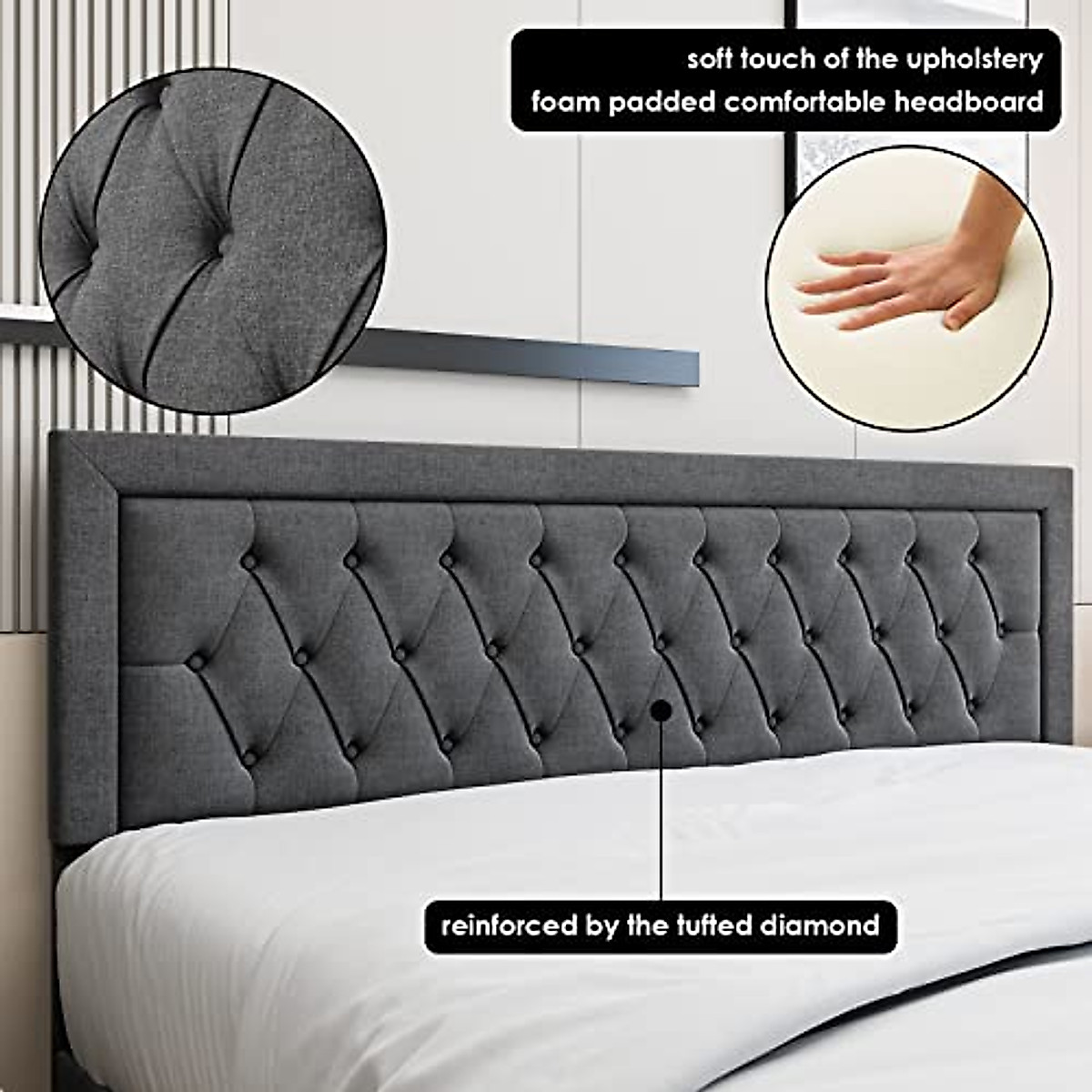 King Bed Frame with 2 Storage Drawers, Fabric Upholstered Platform Bed Frame with Deep-set Pattern Button Tufted Headboard, Sturdy Wood Slats Support Mattress Foundation, No Box Spring Needed, Grey