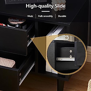 TUKAILAi Modern Nightstand with 2 Drawers, Open Storage & Solid Wood Legs, Bedside Table Cabinet Storage Unit for Bedroom (Black)