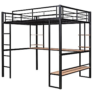 Woanke Metal Full Size Loft Bed&MDF Bed with Long Desk and Shelves, Heavy Duty Steel Bedframe for Kids Teens Adults, Black