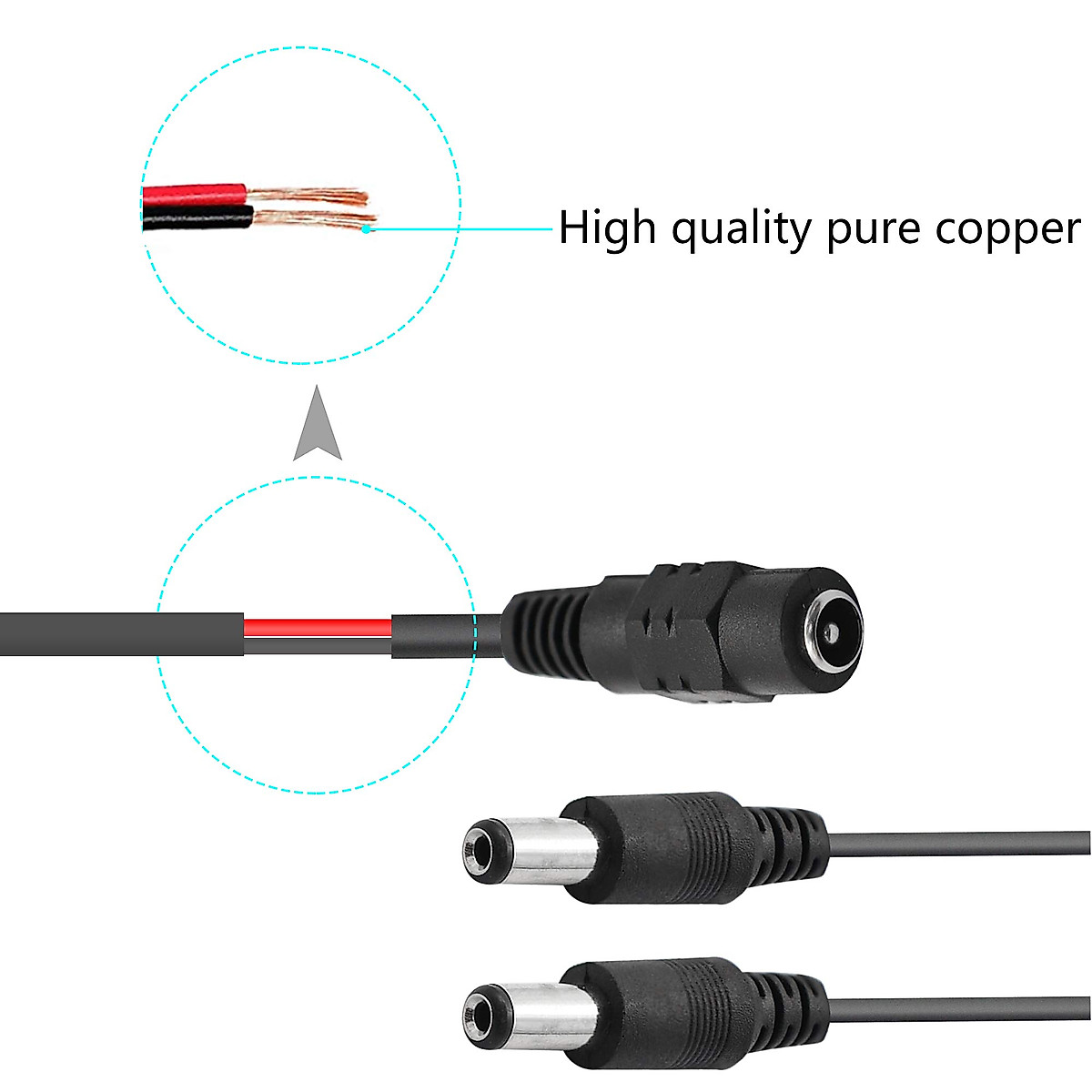 GINTOOYUN DC Y Splitter Cable 1 Female to 2 Male,5.5mm x 2.1mm DC Power Extension Adapter Cable,for CCTV Surveillance Cameras,Surveillance Routers,DVR,and More（2PCS