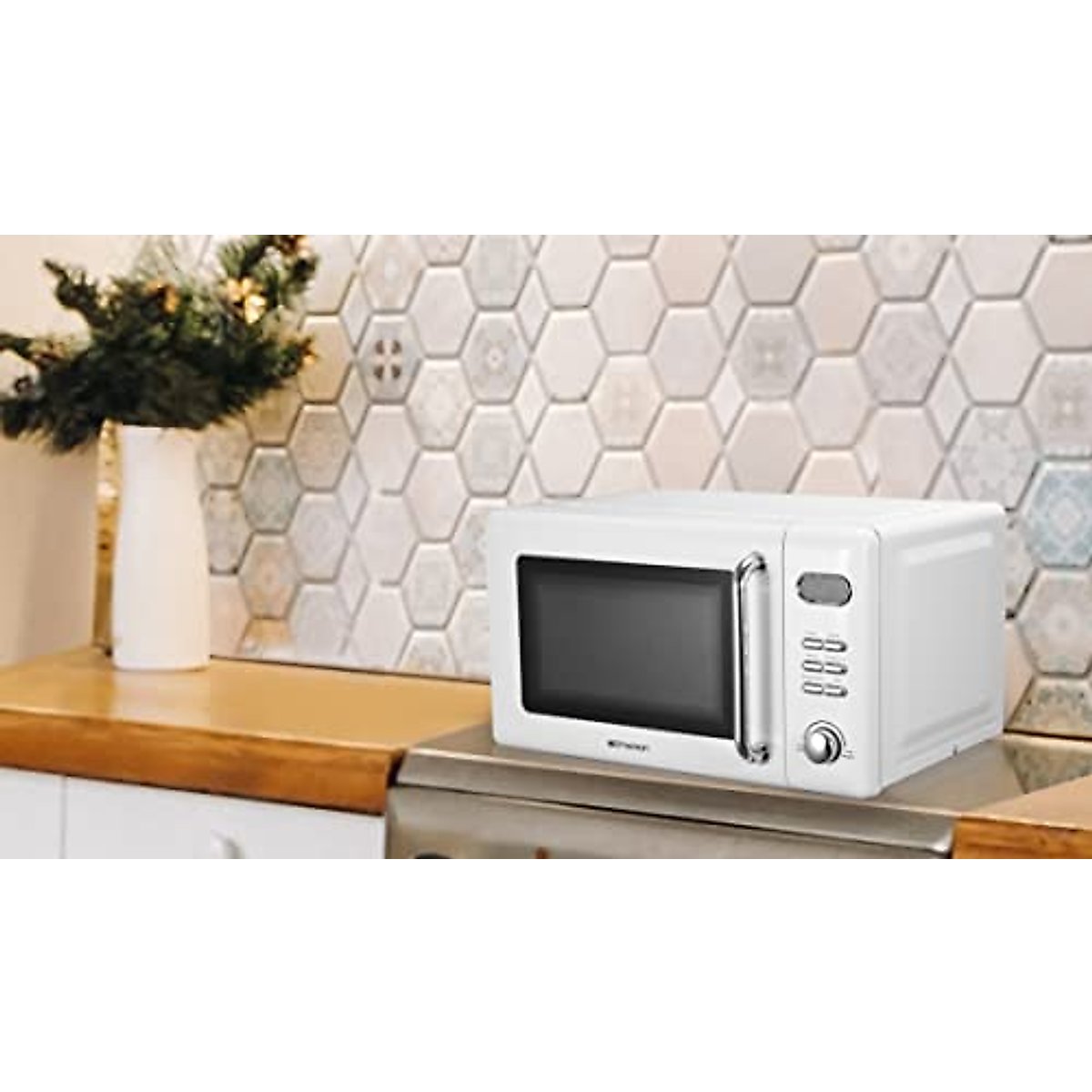 Emerson MWR7020W-N Retro Digital Microwave Oven with Timer & LED Display 700W with 5 Micro Power Levels, 8 Pre-Programmed Settings, Express & Defrost, with Child Safe Lock, 0.7 Cu. Ft, White