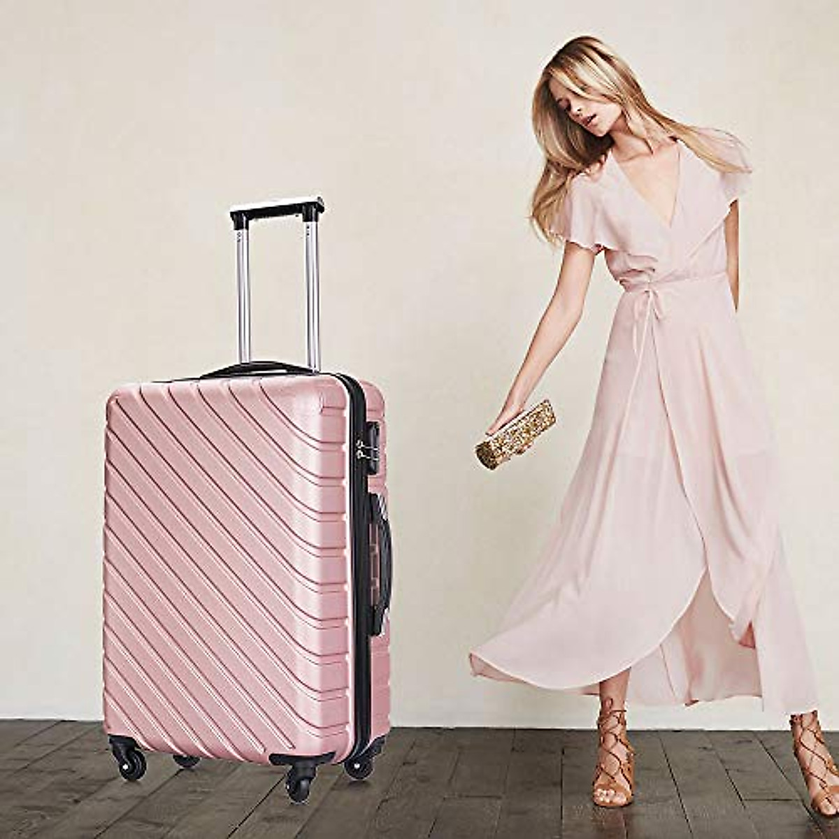 Apelila 4 Piece Hardshell Luggage Sets,Travel Suitcase,Carry On Luggage with Spinner Wheels Free Cover&Hanger Inside (Rose Gold)