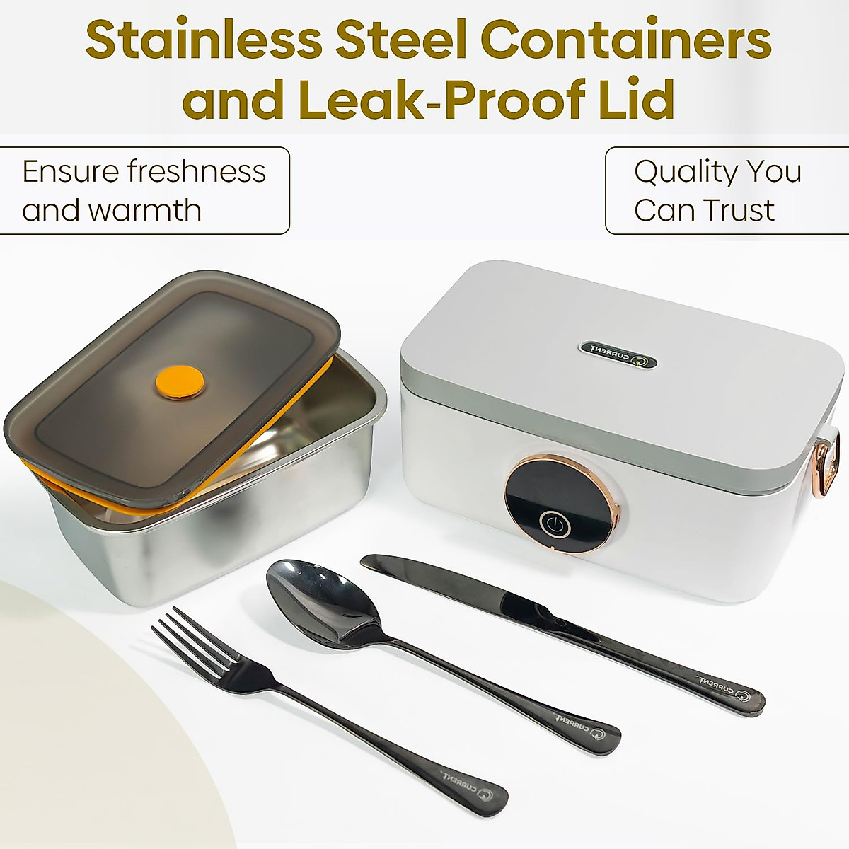 CURRENT Heated Electric Lunch Box, 60w 1L Capacity - Cordless Portable Lunch Box for Office, Car, and Outdoor Use - 158°F Heat, BPA Free Heated Lunch Box - Includes Insulated Bag and Black Cutlery Set